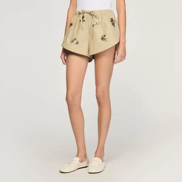 Sandro Floral Embroidered Striped Shorts