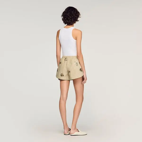 Sandro Floral Embroidered Striped Shorts