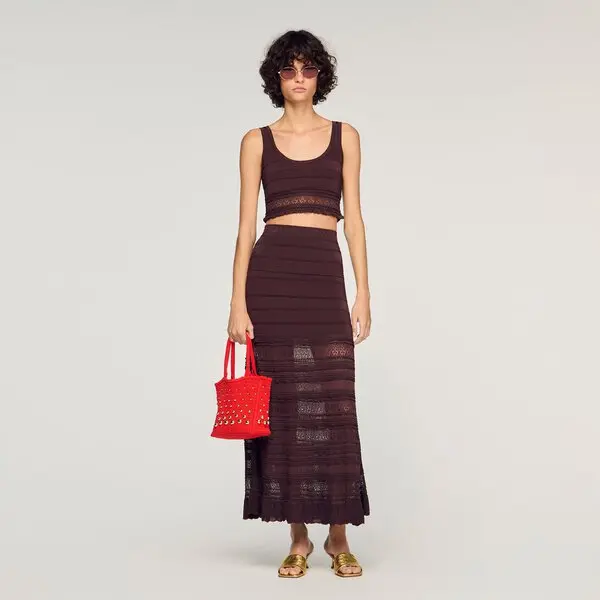 Sandro Pointelle Knit Crop Top - Brown