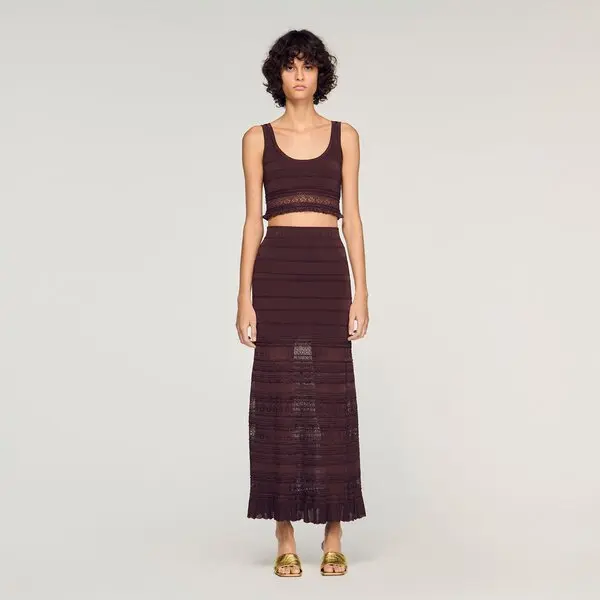 Sandro Pointelle Knit Crop Top - Brown