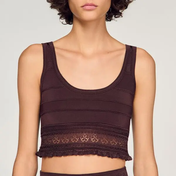 Sandro Pointelle Knit Crop Top - Brown