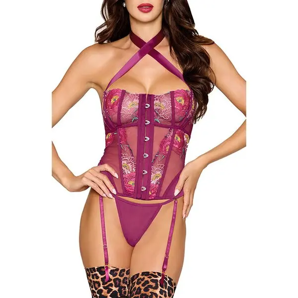 DREAMGIRL Embroidered Basque And G-string Set - Dahlia