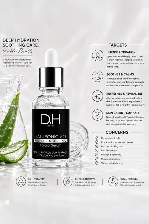 DR H Anti-ageing Hyaluronic Acid Facial Serum 30ml For Dryness - White