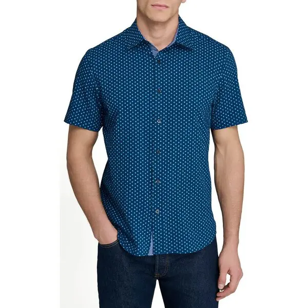 CON.STRUCT Slim Fit Falling Feathers Seersucker Short Sleeve Shirt - Navy/green