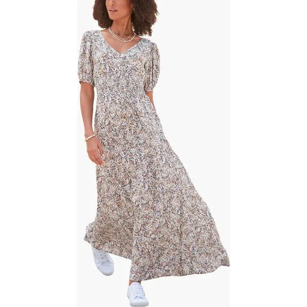 LASCANA Floral Print V-neck Maxi Dress - Grey Multi