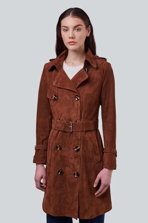 FURNIQ UK Soho Suede Trench Coat - Chestnut