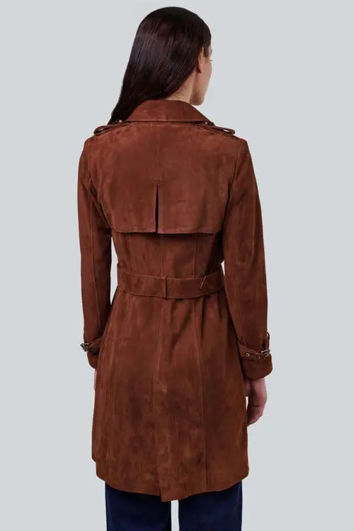 FURNIQ UK Soho Suede Trench Coat - Chestnut