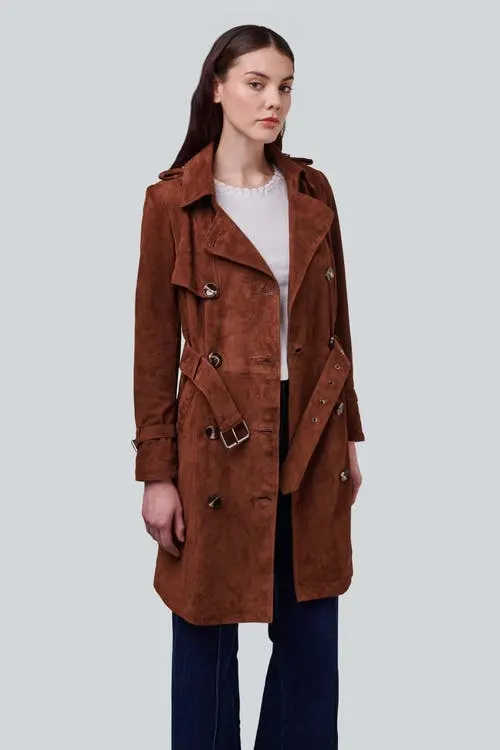FURNIQ UK Soho Suede Trench Coat - Chestnut