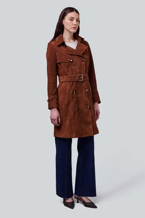 FURNIQ UK Soho Suede Trench Coat - Chestnut