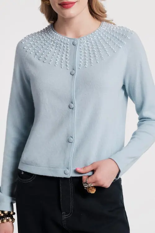FRANCES VALENTINE Rbg Cardigan Beaded - Light Blue