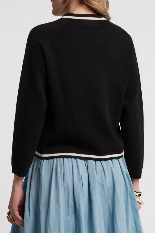 FRANCES VALENTINE Border Tie Neck Cardigan - Black/oyster