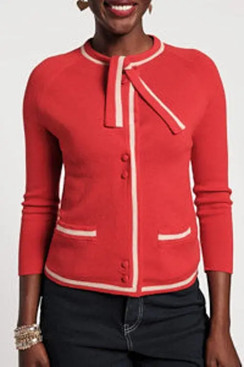 FRANCES VALENTINE Border Tie Neck Cardigan - Red/oyster