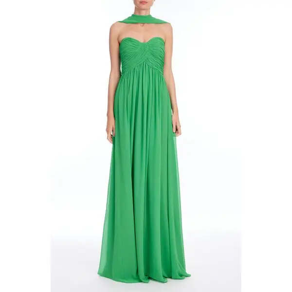 badgley mischka green velvet dress Pleated V Neck Gown
