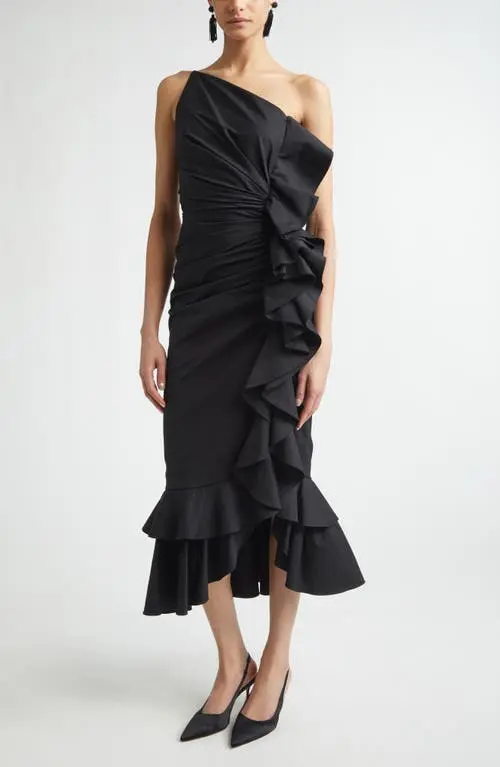 Carolina Herrera Ruffled Asymmetric Ruched One-shoulder Midi Dress