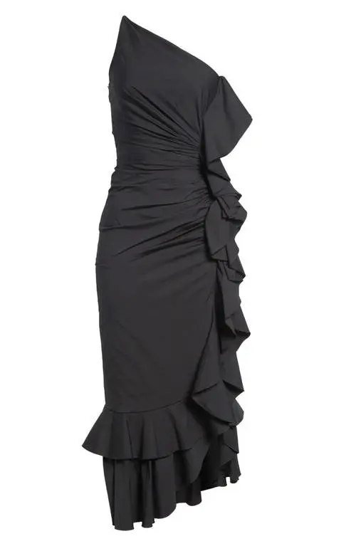 Carolina Herrera Ruffled Asymmetric Ruched One-shoulder Midi Dress