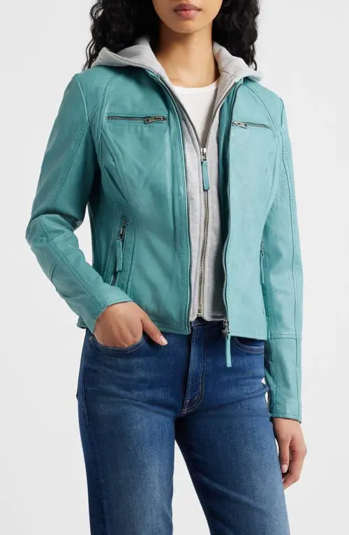 Mauritius Nola Leather Jacket With Removable Hoodie - Light Turquoise