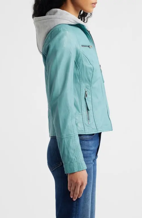 Mauritius Nola Leather Jacket With Removable Hoodie - Light Turquoise