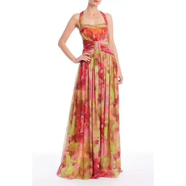 Badgley Mischka Floral Pleated Gown