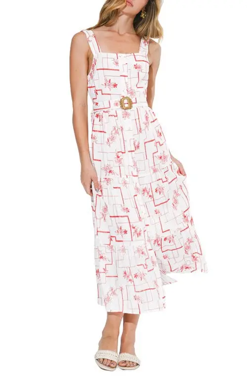 Adelyn Rae Floral Embroidered Midi A-line Dress With Belt - White/red