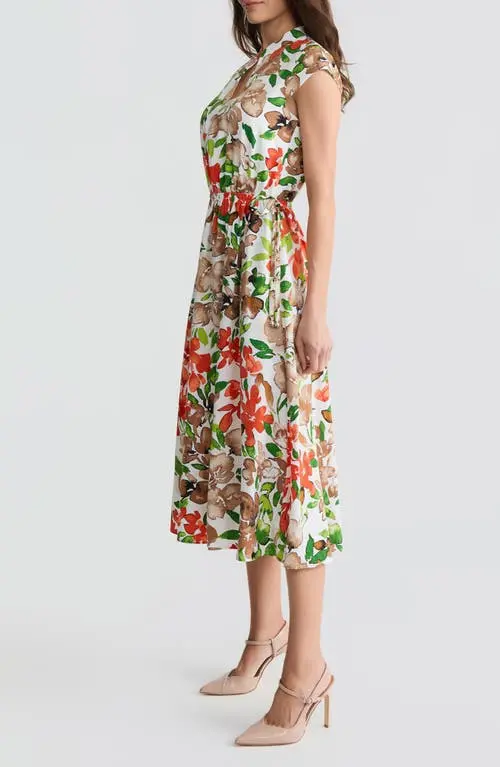 KASPER Floral Print Cap Sleeve Midi Dress - Vanilla Ice Multi