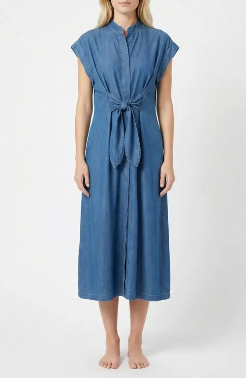 APNY Tie Front Denim Midi Shirtdress - Light Indigo