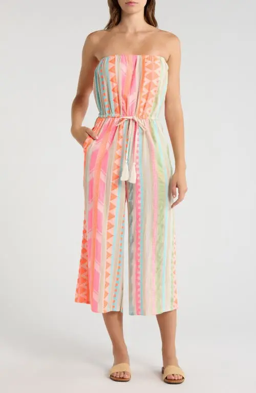 Elan Embroidered Strapless Cover-up Jumpsuit - Neon Aztec