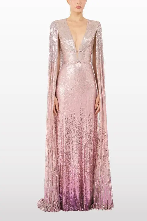 Jenny Packham Sequin-embellished Maxi Gown With Cape Sleeves - Sugar