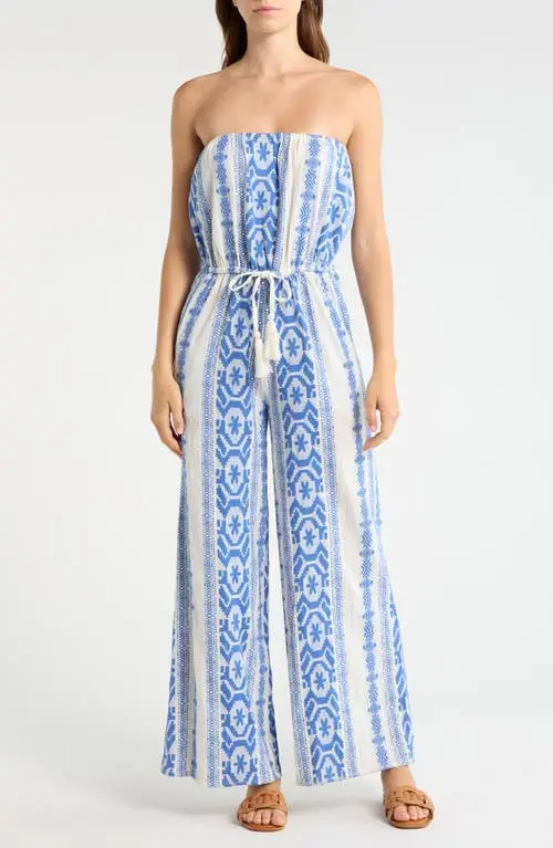 Elan Embroidered Strapless Cover-up Jumpsuit - Natural Blue