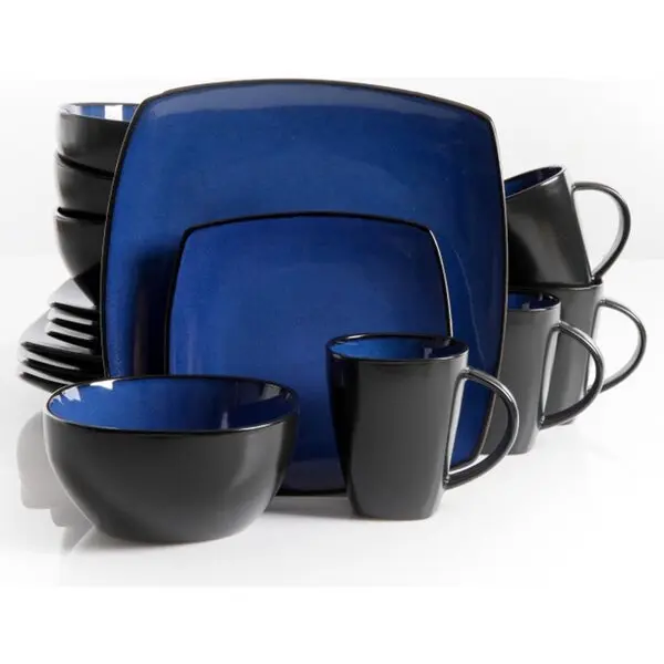 Gibson 16 Piece Square Stoneware Dinnerware Set - Blue