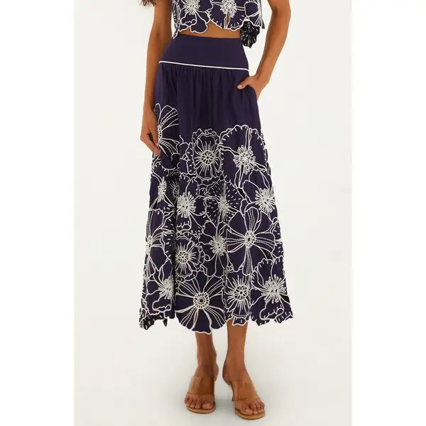 Farm Rio Flowers Richelieu Cotton Midi Skirt - Blue