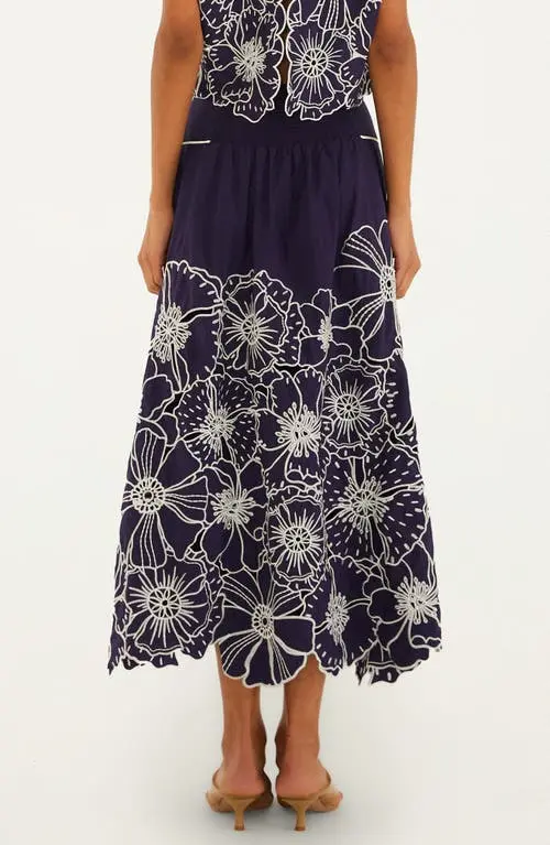 Farm Rio Flowers Richelieu Cotton Midi Skirt - Blue