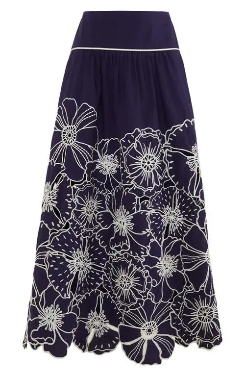 Farm Rio Flowers Richelieu Cotton Midi Skirt - Blue