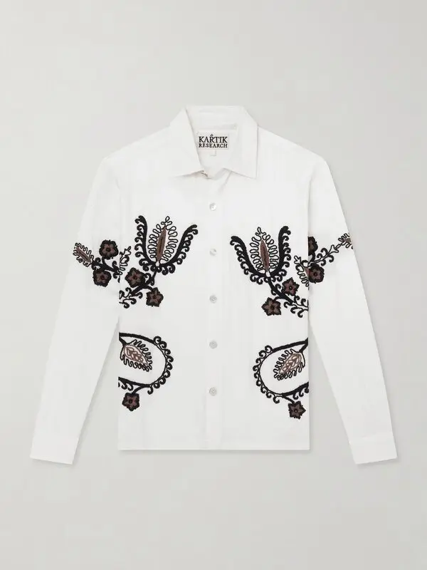 KARTIK RESEARCH Bead-embellished Embroidered Cotton-poplin Shirt - Neutrals