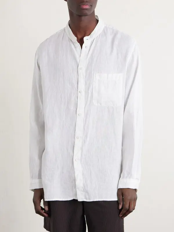Blue Blue Japan Grandad-collar Linen Shirt