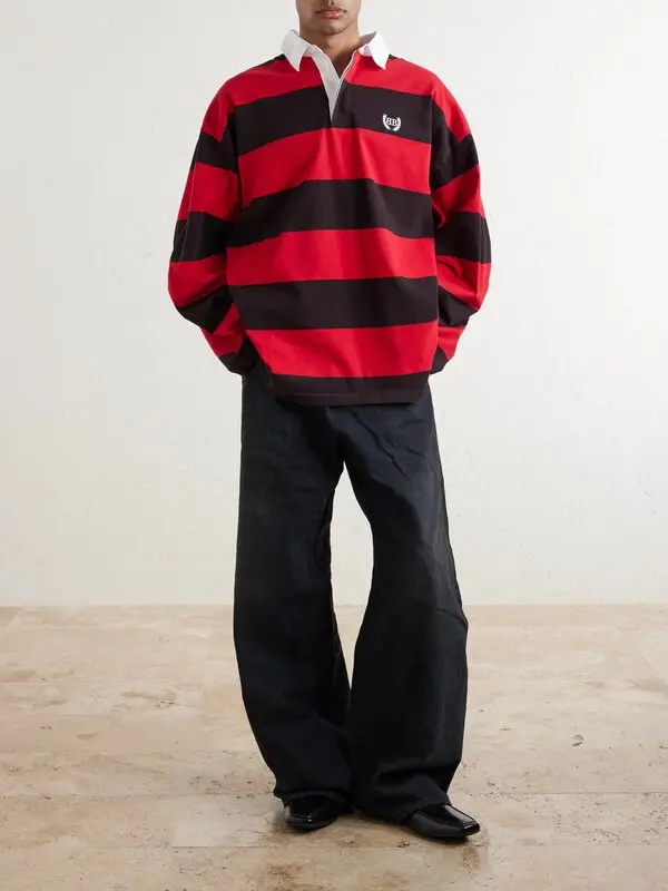 Balenciaga Logo-embroidered Striped Cotton-jersey Polo Shirt - Red