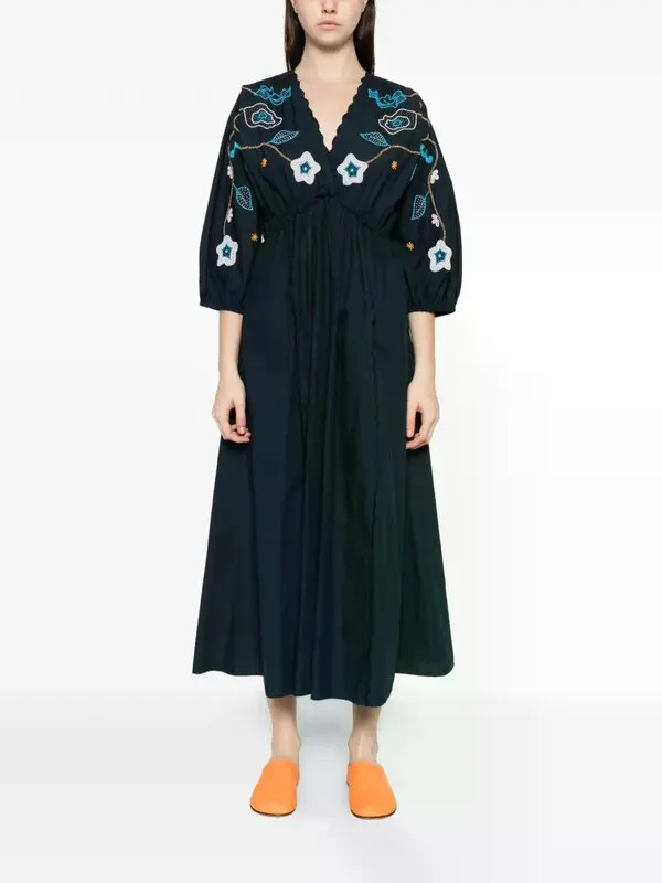 FORTE_FORTE Embroidered Scalloped Midi Dress - Blue