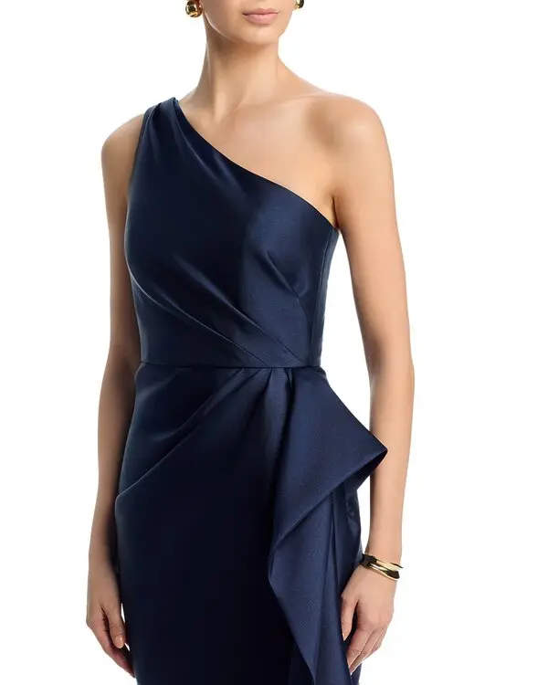 Amsale Mikado One Shoulder Cascade Gown