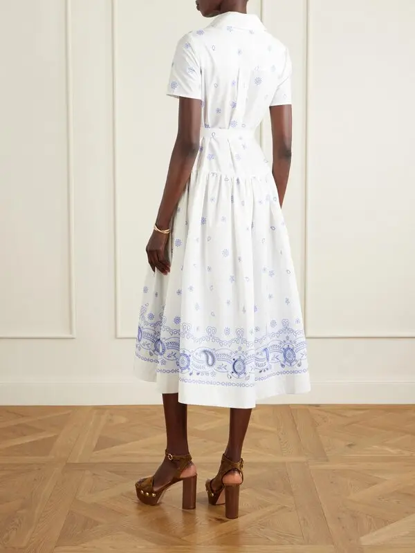 SELF-PORTRAIT Belted Embroidered Cotton-poplin Midi Shirt Dress