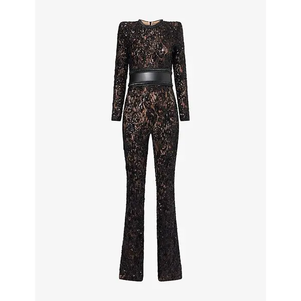NADINE MERABI Bella Belted Sequin Jumpsuit - Black