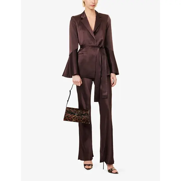 Shona Joy Flared-sleeve Belted Satin Blazer