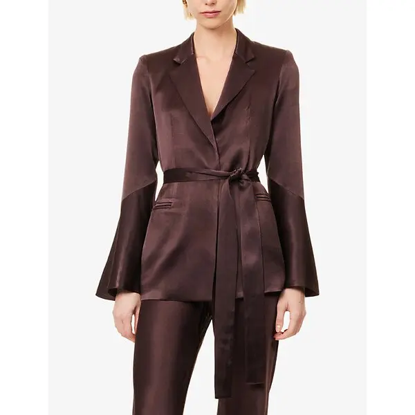 Shona Joy Flared-sleeve Belted Satin Blazer