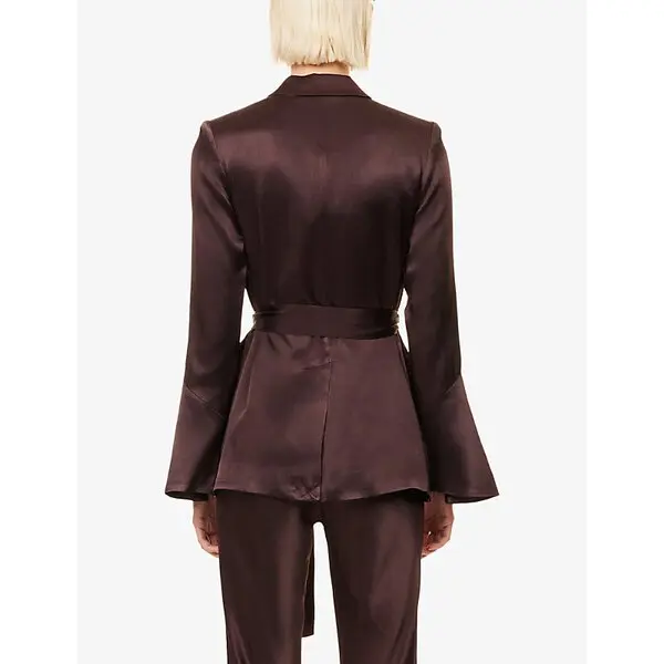 Shona Joy Flared-sleeve Belted Satin Blazer