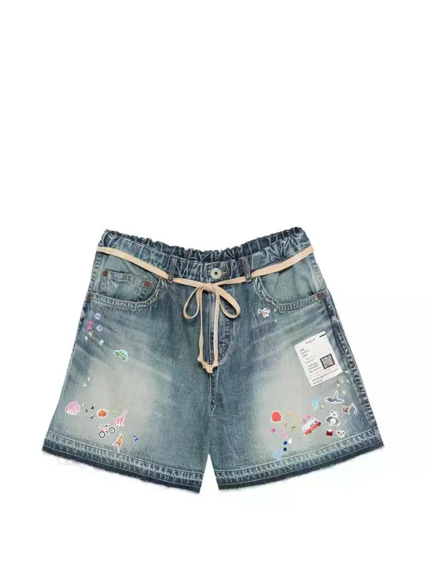 Mihara Yasuhiro Sticker-print Frayed Denim Shorts