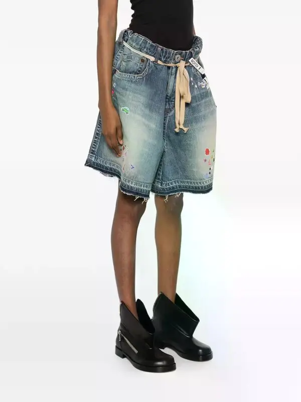 Mihara Yasuhiro Sticker-print Frayed Denim Shorts