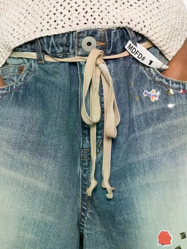 Mihara Yasuhiro Sticker-print Frayed Denim Shorts