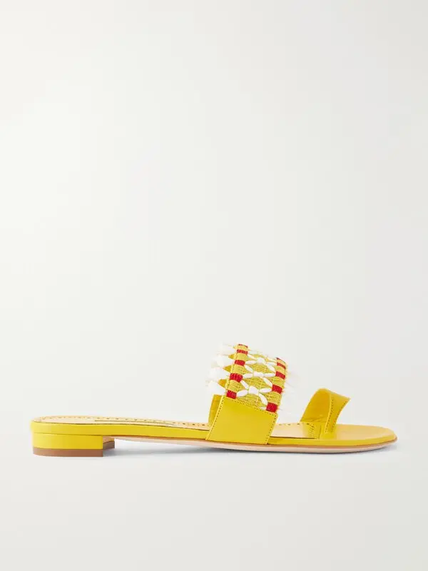Manolo Blahnik Brava Raffia-trimmed Crocheted Leather Sandals - Yellow
