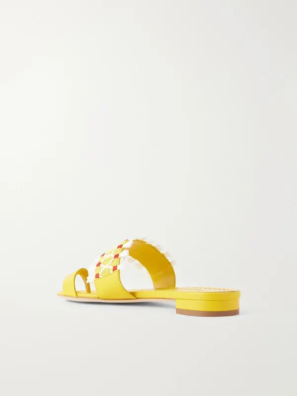 Manolo Blahnik Brava Raffia-trimmed Crocheted Leather Sandals - Yellow