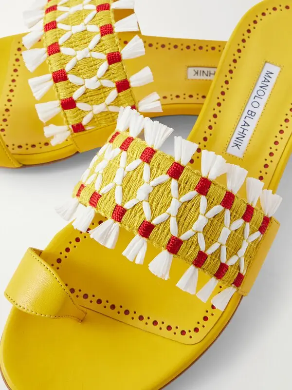 Manolo Blahnik Brava Raffia-trimmed Crocheted Leather Sandals - Yellow