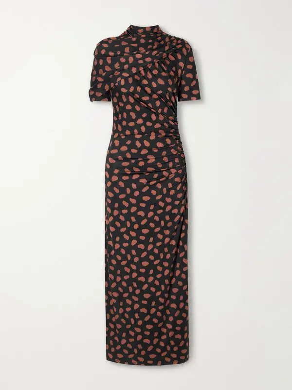 Johanna Ortiz Gathered Printed Jersey Midi Dress - Black