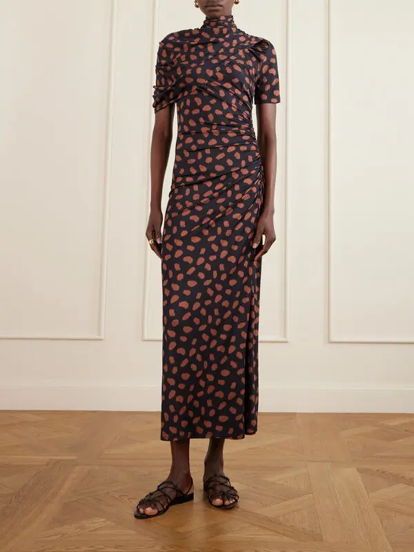 Johanna Ortiz Gathered Printed Jersey Midi Dress - Black